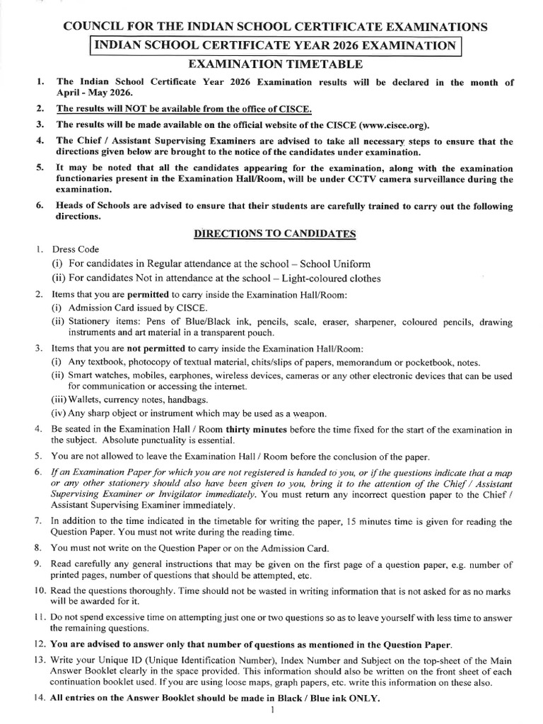 Time Table ISC 2026 | PDF