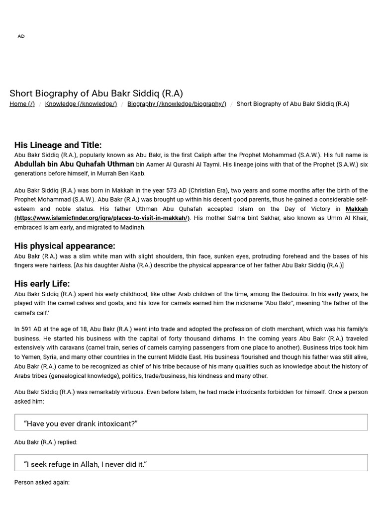 Biography of Abu Bakr Siddiq (R.a.) _ IslamicFinder | PDF | Muhammad | Umar