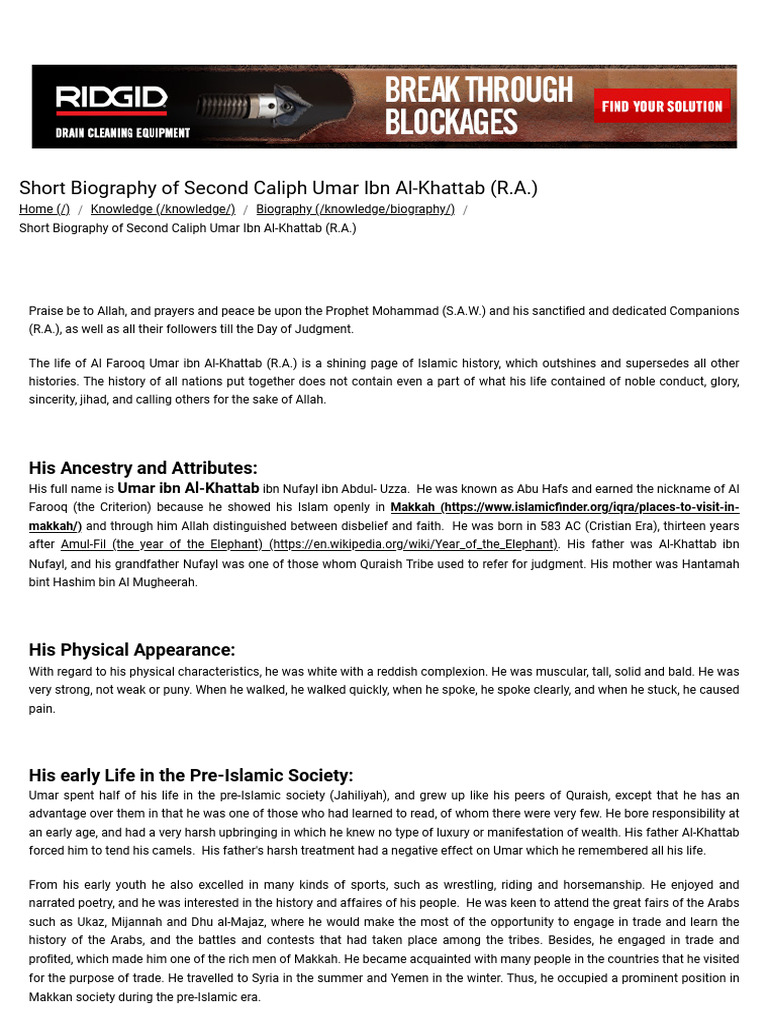 Biography of Umar Ibn Al-Khattab (R.a.) - IslamicFinder | PDF | Umar ...