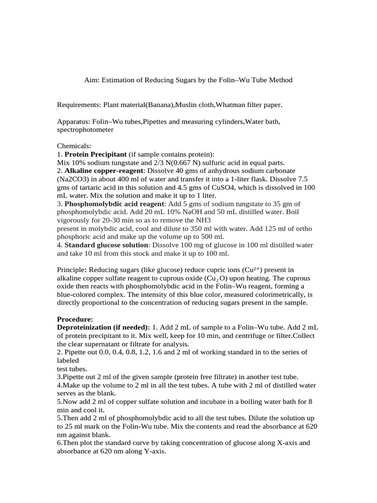 Folin Wu Tube Method Protocol | PDF | Acid | Water