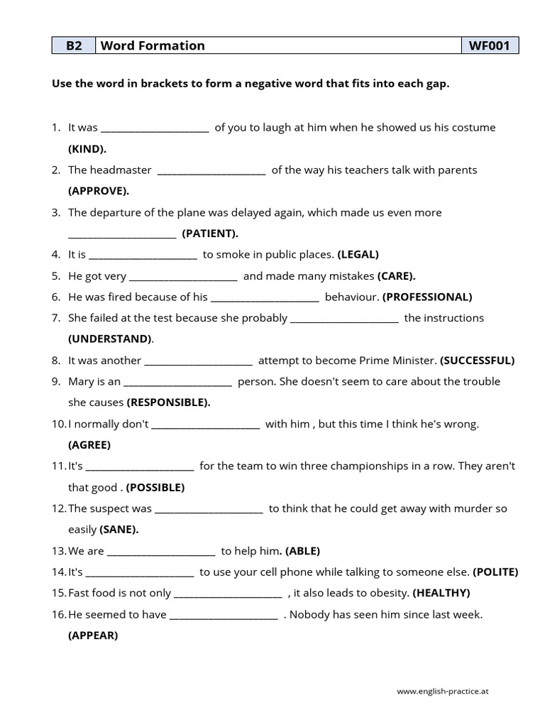 B2 Word Formation Exercises | PDF