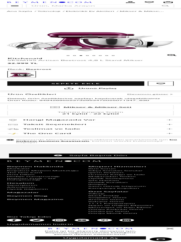 Kitchenaid - 5KSM195 Artisan Beetroot 4,8 L Stand Mikser - Beetroot | PDF