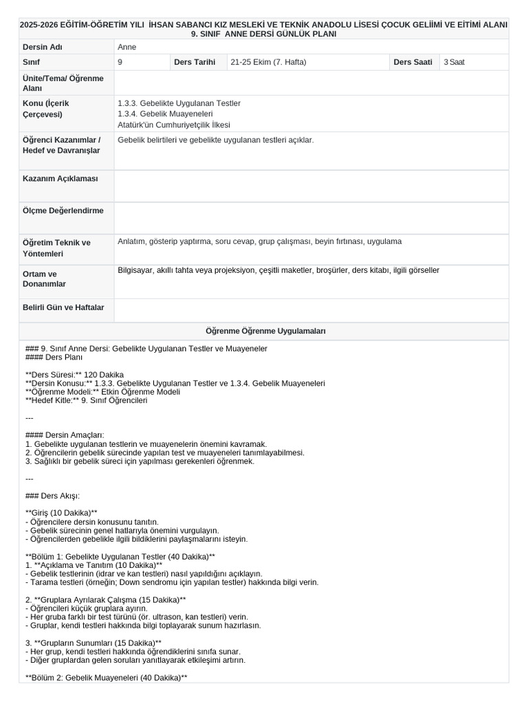 Anne Cocuk Sagligi 9 7 Hafta Gunluk Plan | PDF
