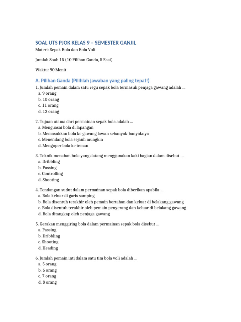 Soal_UTS_PJOK_Kelas_9 | PDF
