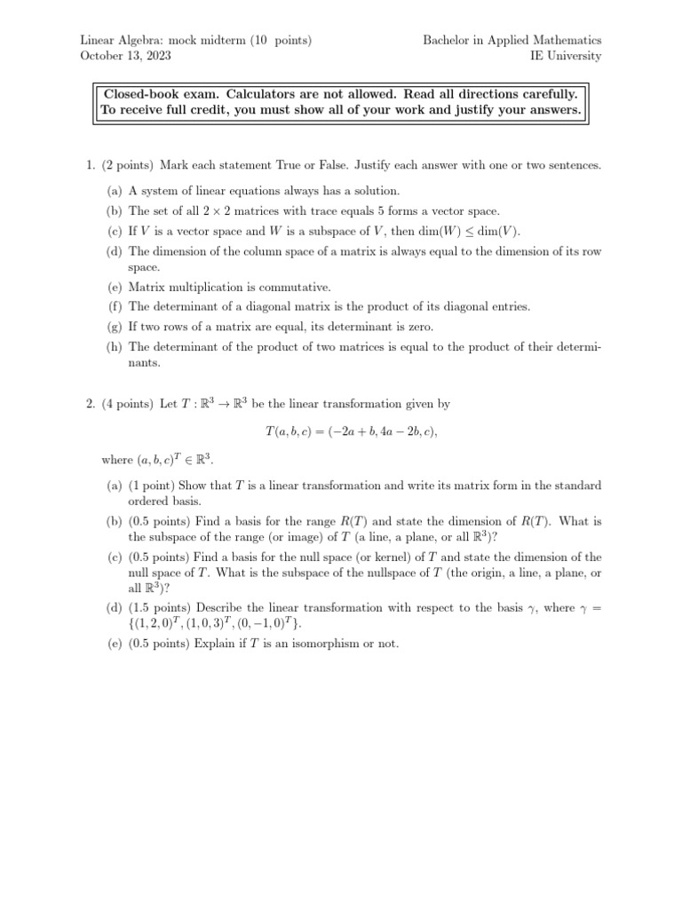 Linear Algebra Mock Midterm Exam Guide | PDF | Linear Map | Matrix (Mathematics)