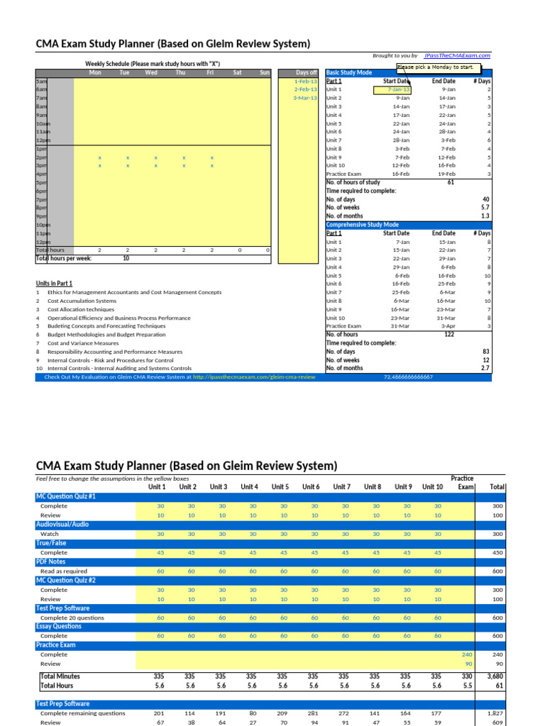 CMA Exam Study Planner (Gleim Part 1) | PDF | Management Accounting ...