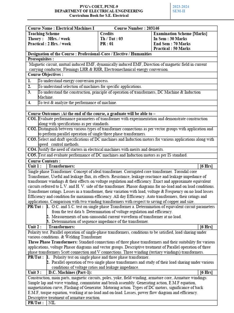 Electrical Machines I Curriculum 2023-24 | PDF | Electric Motor ...