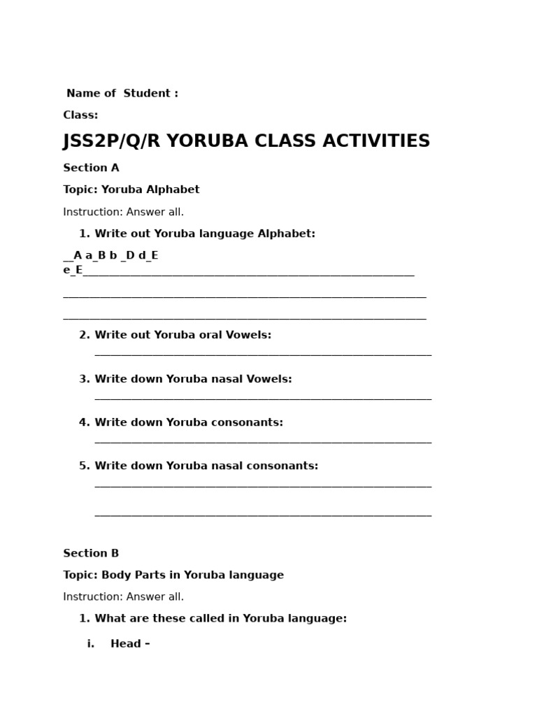 Quick Test On Yoruba Alphabet - Body Parts | PDF