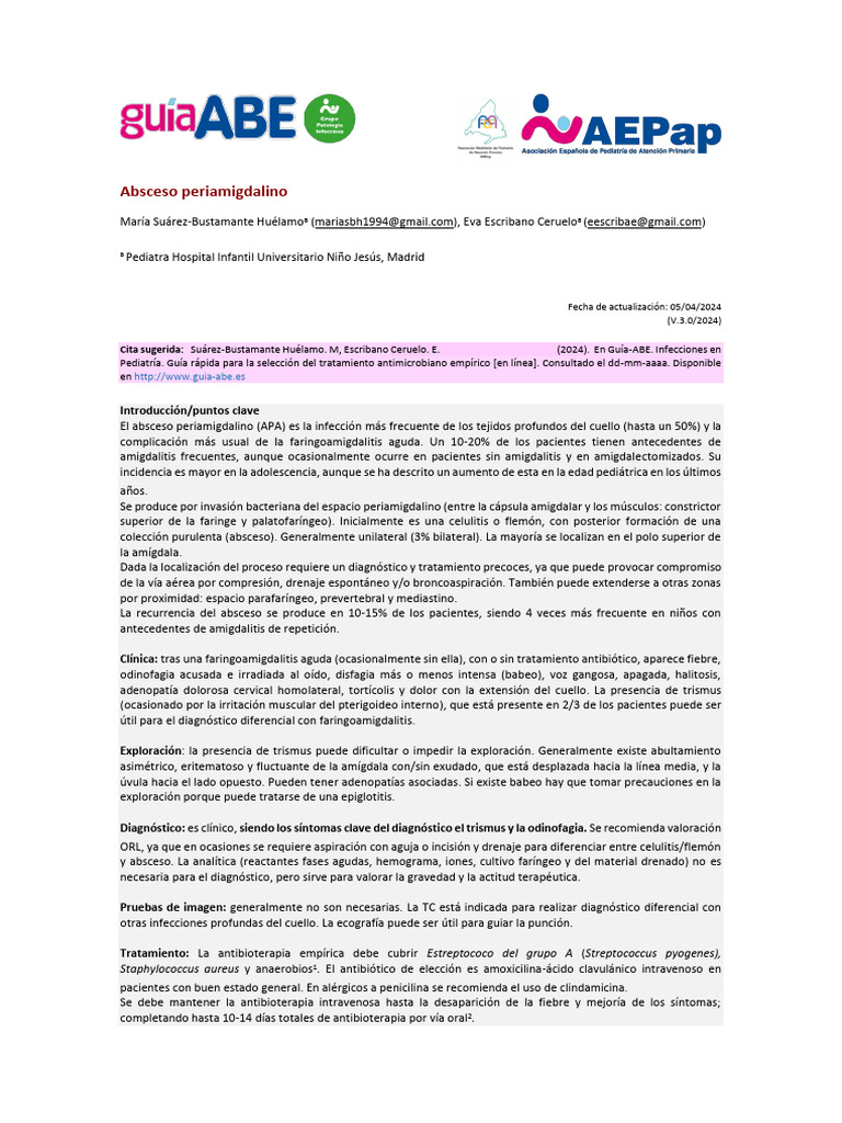 Absceso Periamigdalino 2024 | PDF | Medicina CLINICA | Especialidades ...