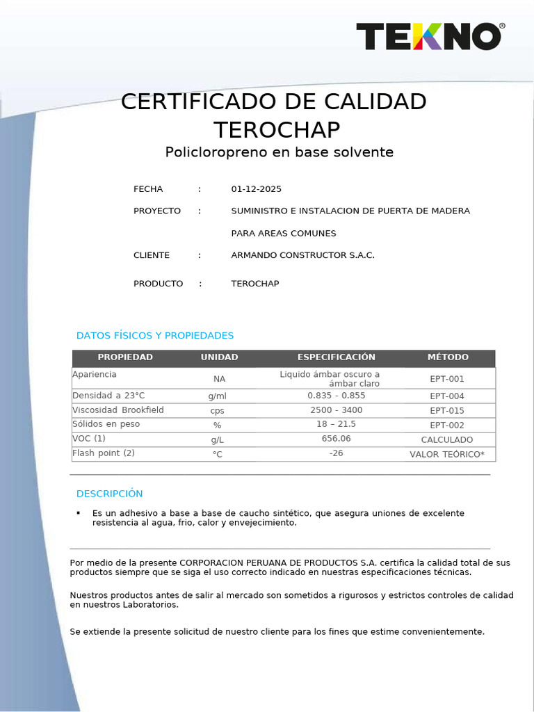 Certificado de Calidad TEROCHAP 2025 | PDF