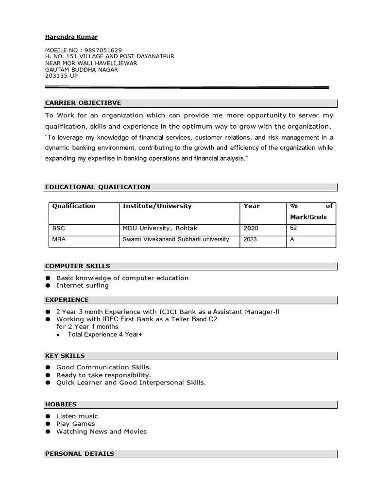 Harendra Kumar - Banking Professional Resume | PDF