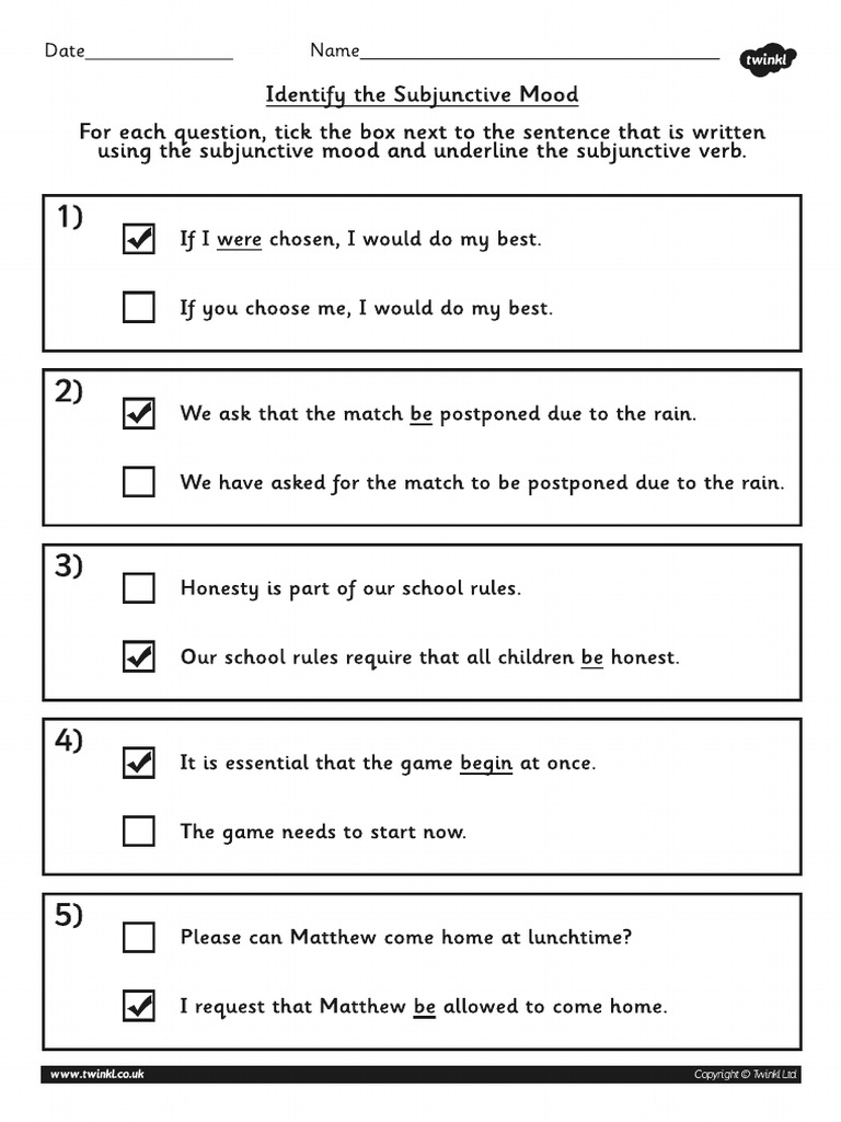 Identifying The Subjunctive Mood - Notebook Answer Key | PDF