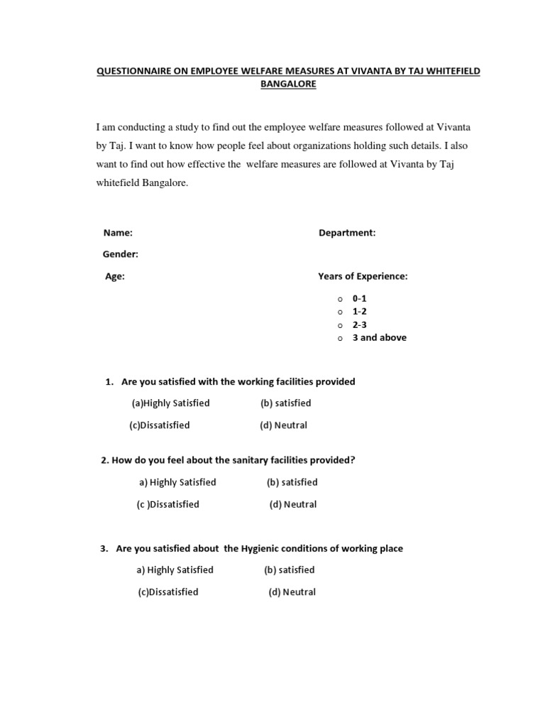 Questionnaire On Employee Welfare Measures | PDF | Wellness | Medical