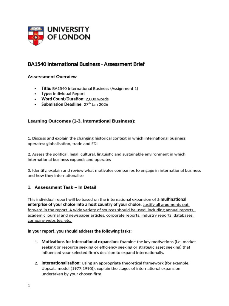 BA1540 International Business (Assignment 1) FINAL | PDF