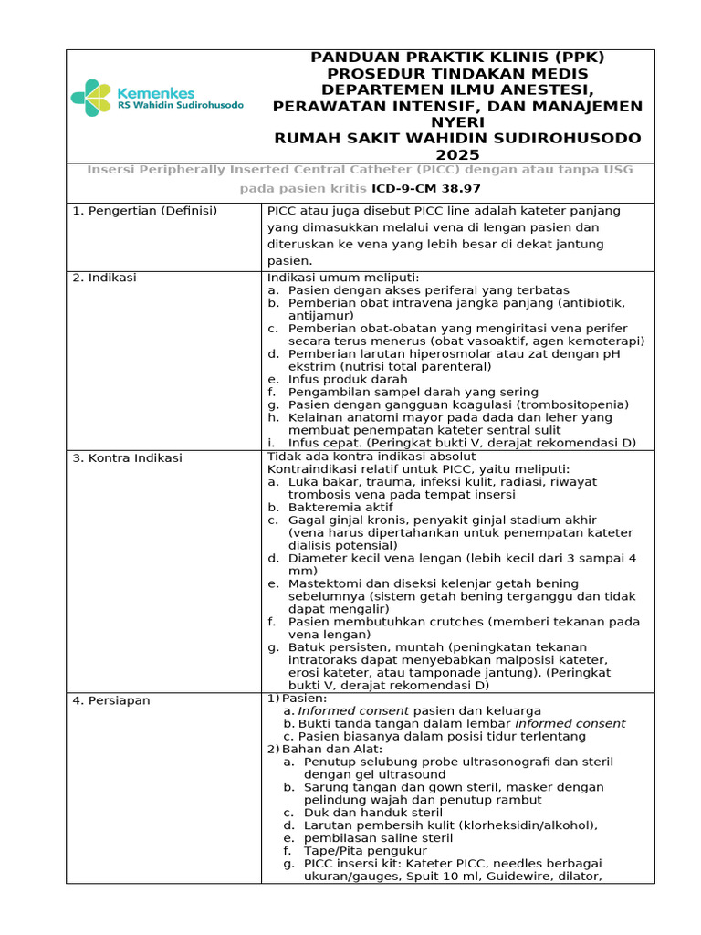PPK Insersi Peripherally Inserted Central Catheter (PICC) Dengan Atau ...