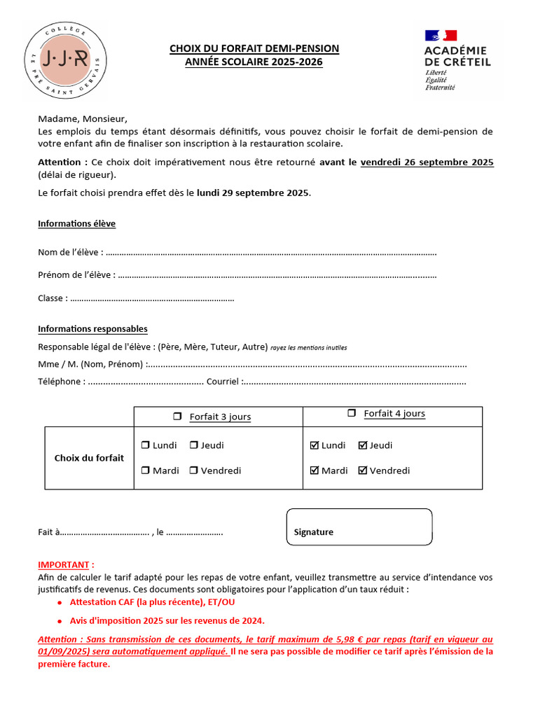 Choix de demi-pension 2025-2026 | PDF