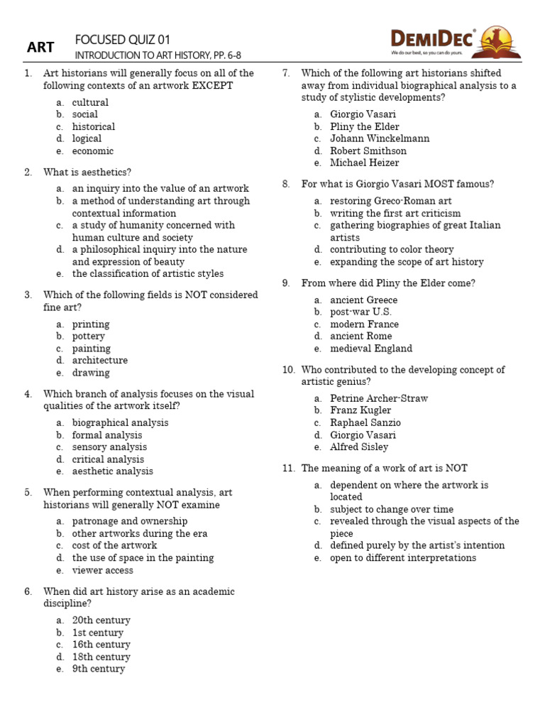 Art Focused Quizzes 1-40 (2024) | PDF | Baroque | Realism (Arts)