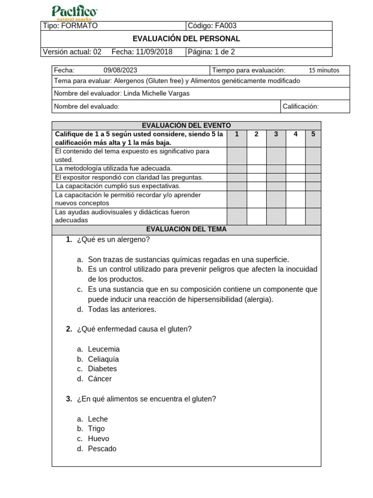 Fa003 Evaluación Del Personal Alergenos No Gmo | PDF | Alimentos | Alergia