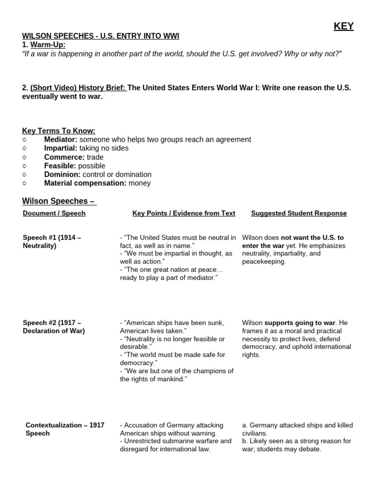 Key- Wilson Speeches - u.s. Entry Into Wwi | PDF | International ...