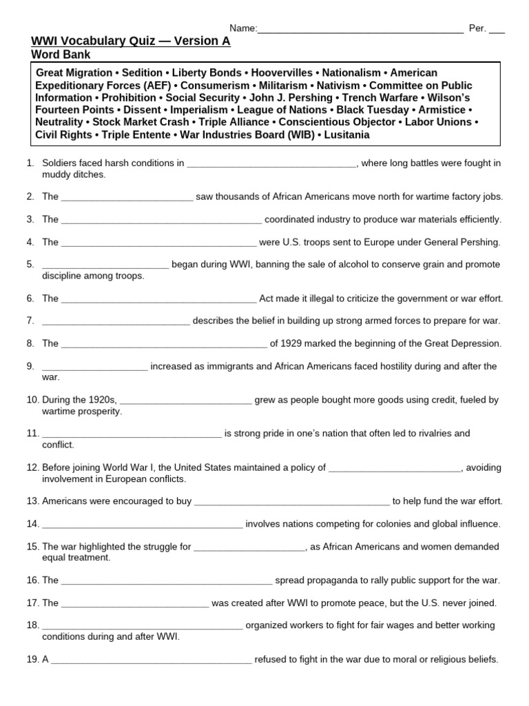 WWI Vocabulary Quiz for Students | PDF | World War I | Great Depression