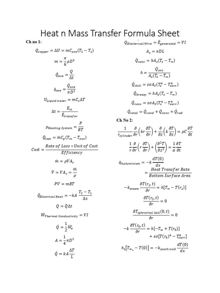 Heat N Mass Transfer Formula Sheet | PDF | Thermodynamics | Physical ...