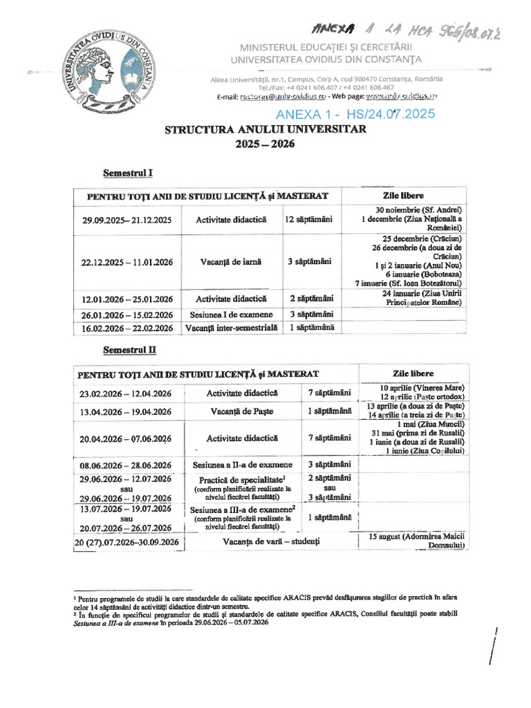 Structura Anului Universitar 2025-2026 | PDF