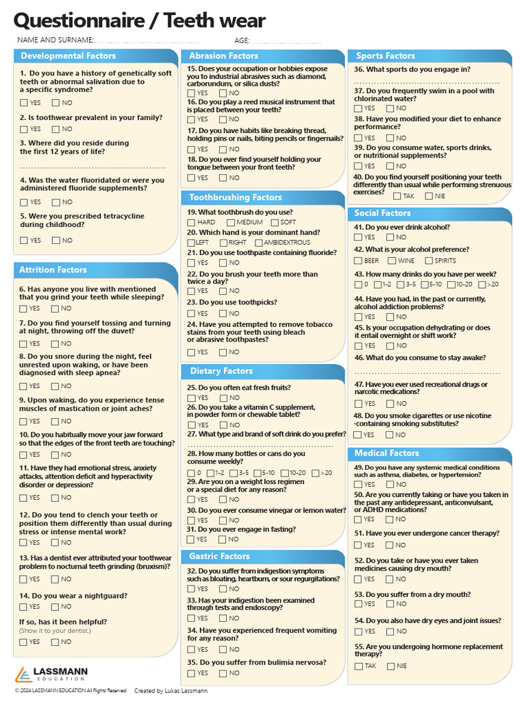 Teeth Wear Questionnaire for Assessment | PDF | Human Tooth | Tooth Enamel