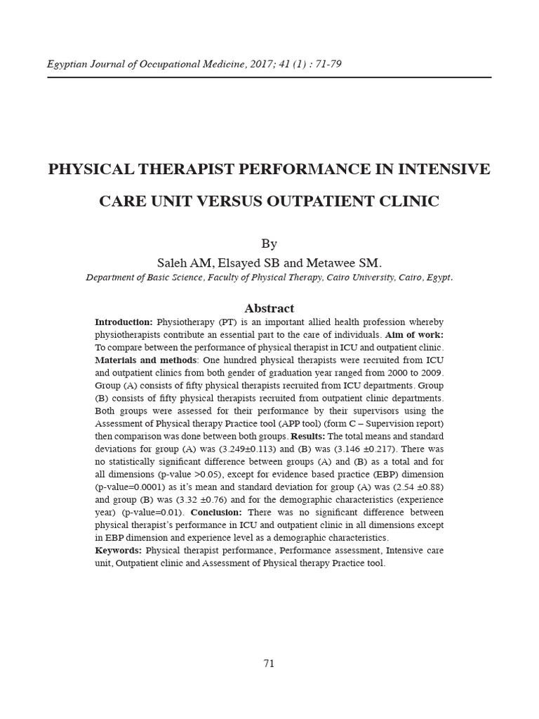 Physical Therapist Performance in Intensive | PDF | Physical Therapy ...