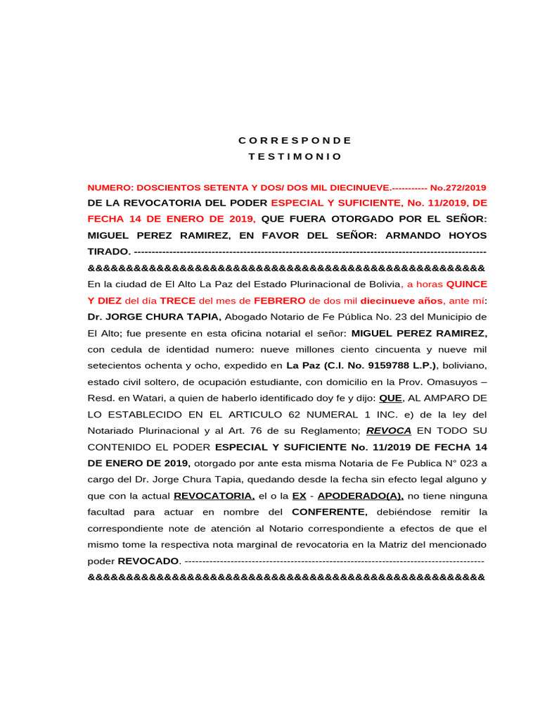 Revocatoria de Poder Especial en Bolivia | PDF