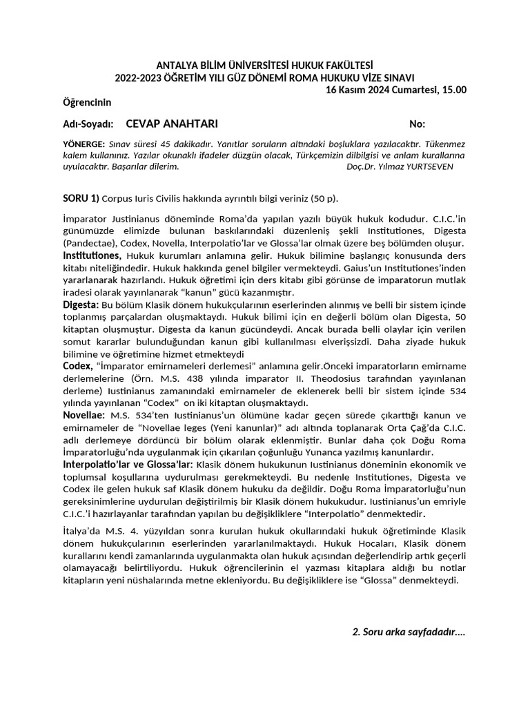 Roma Hukuku Vize 2024 Cevap Anahtari | PDF