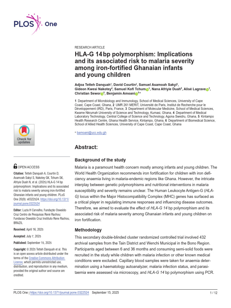 Journal Pone 0322524 | PDF | Malaria | Major Histocompatibility Complex