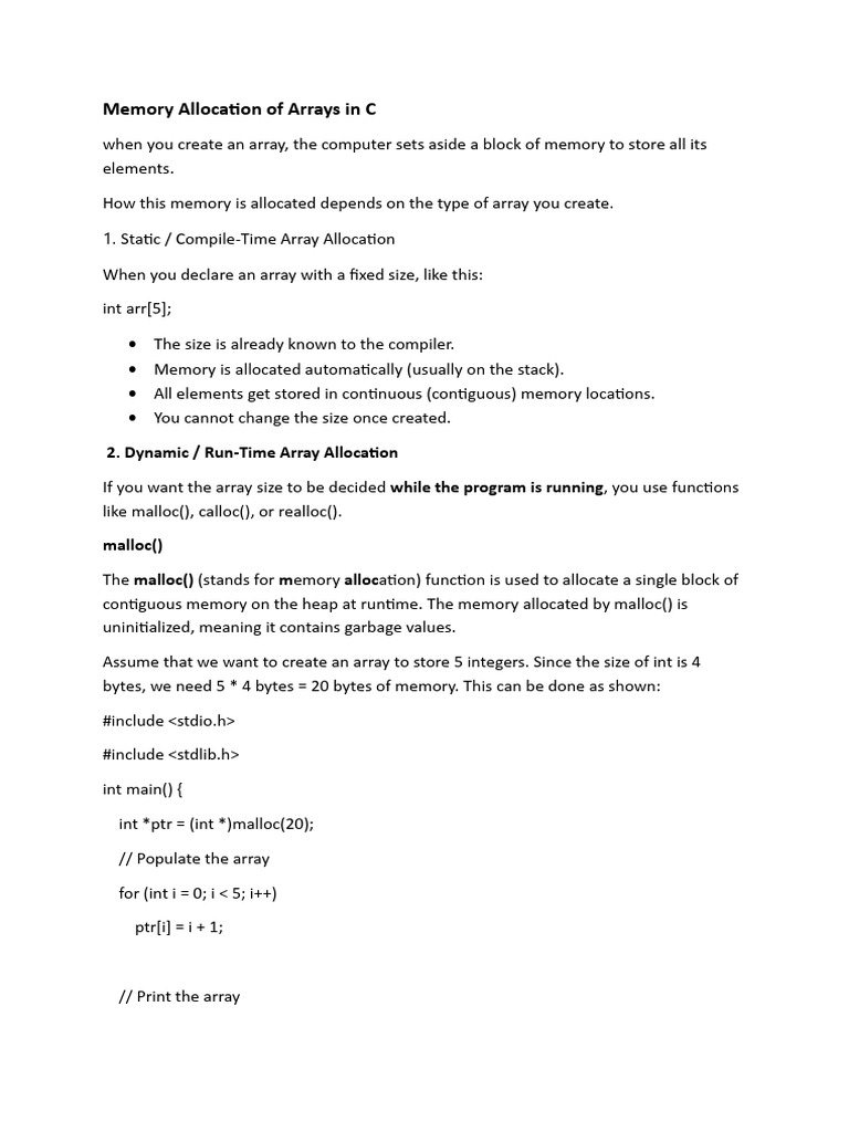 Memory Allocation of Arrays in C | PDF
