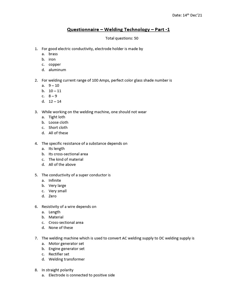 Welding Technology Questionnaire Part 1 | PDF | Welding | Construction