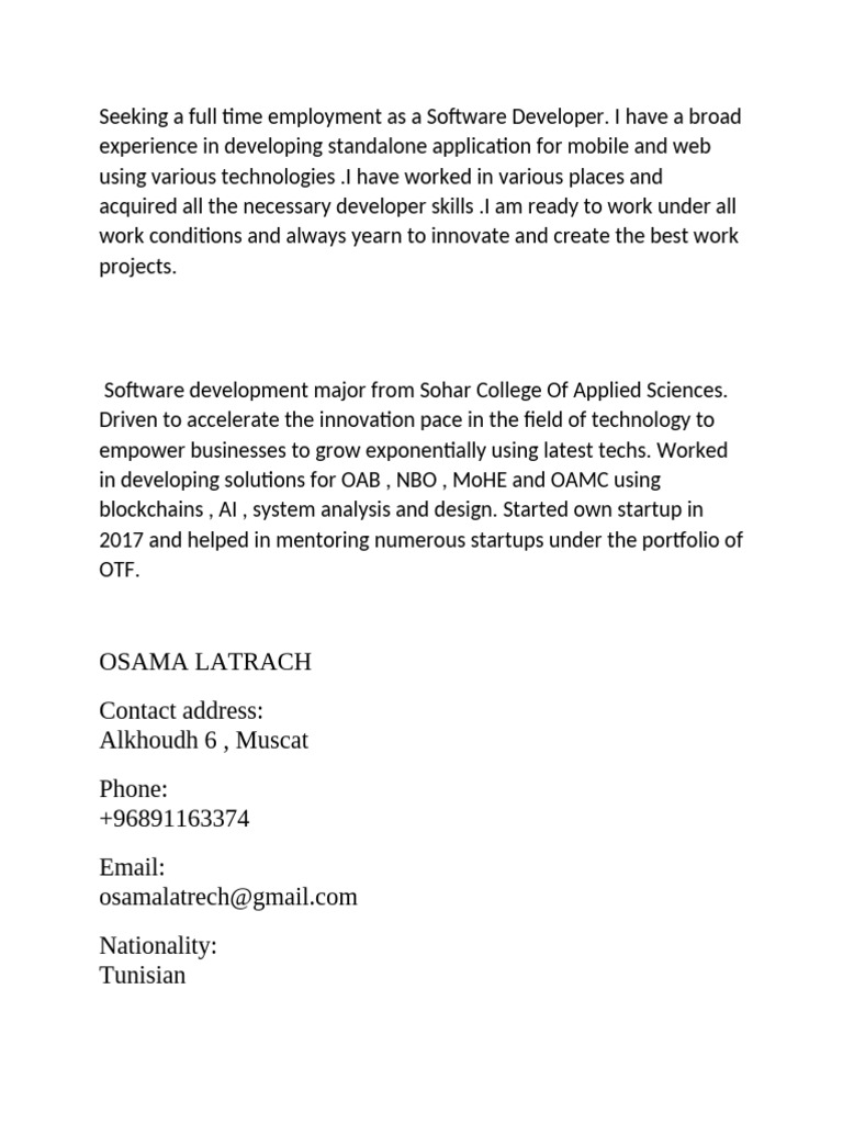 Seeking A Full Time Employment As A Software Developer | PDF | Startup ...