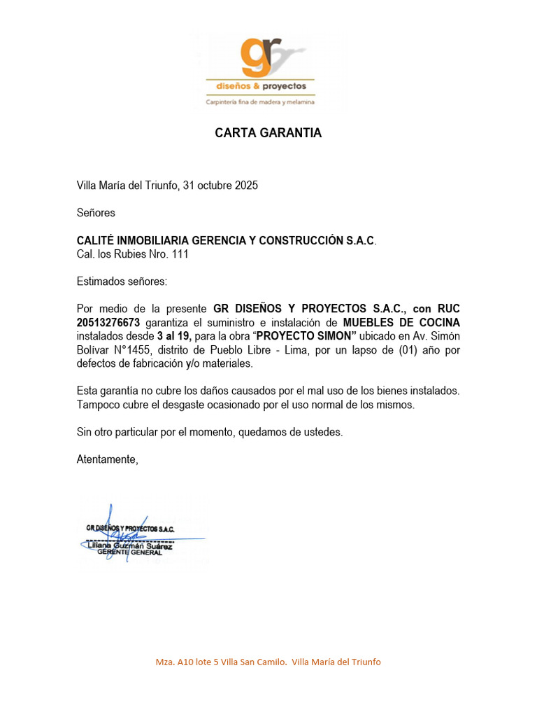 Carta Garantia Muebles de Cocina - Simon | PDF
