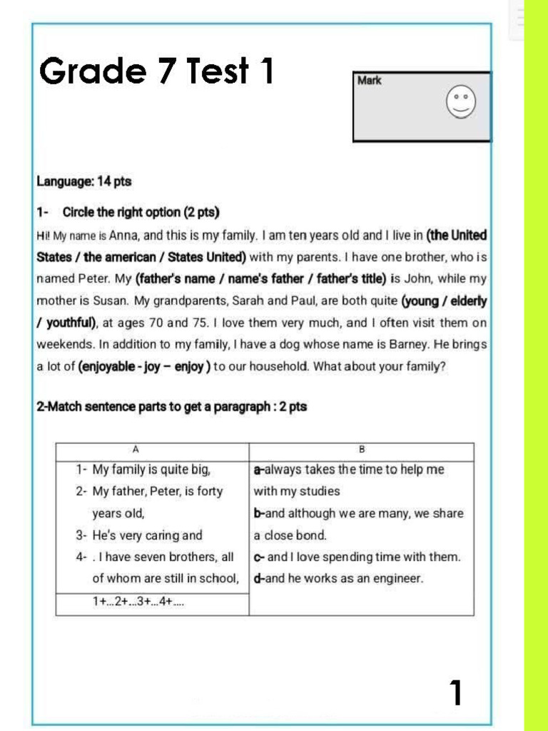 Grade 7 English Test 1 | PDF