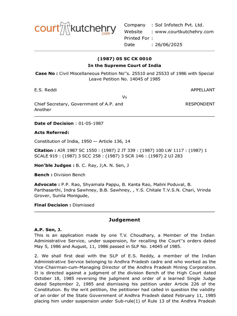 E.S. Reddi Vs Chief Secretary, Government of A.P. and Another | PDF ...