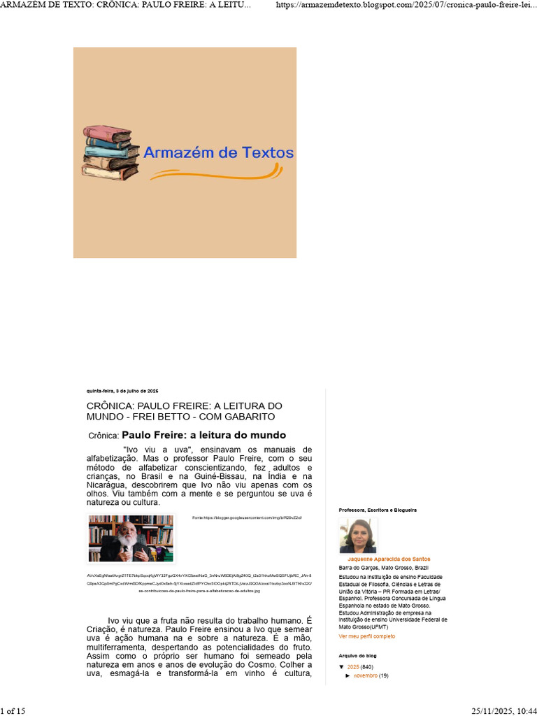 Paulo Freire e a Leitura do Mundo | PDF | Alfabetização | Pedagogia