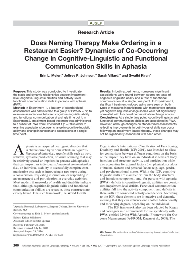 Does Naming Therapy Make Ordering in A Restaurant Easier - Dynamics of ...