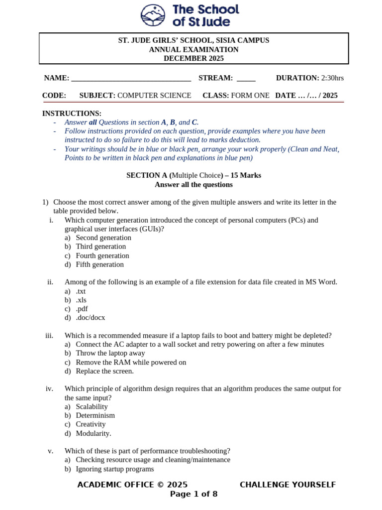 Form One - Computer Science Annual Exam 2025 | PDF | Computer Data ...