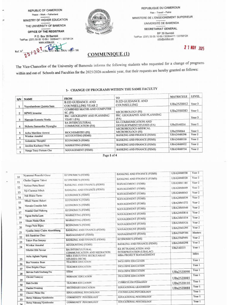 Change of Programs Within and Out of Schools and Faculties For 2025 ...