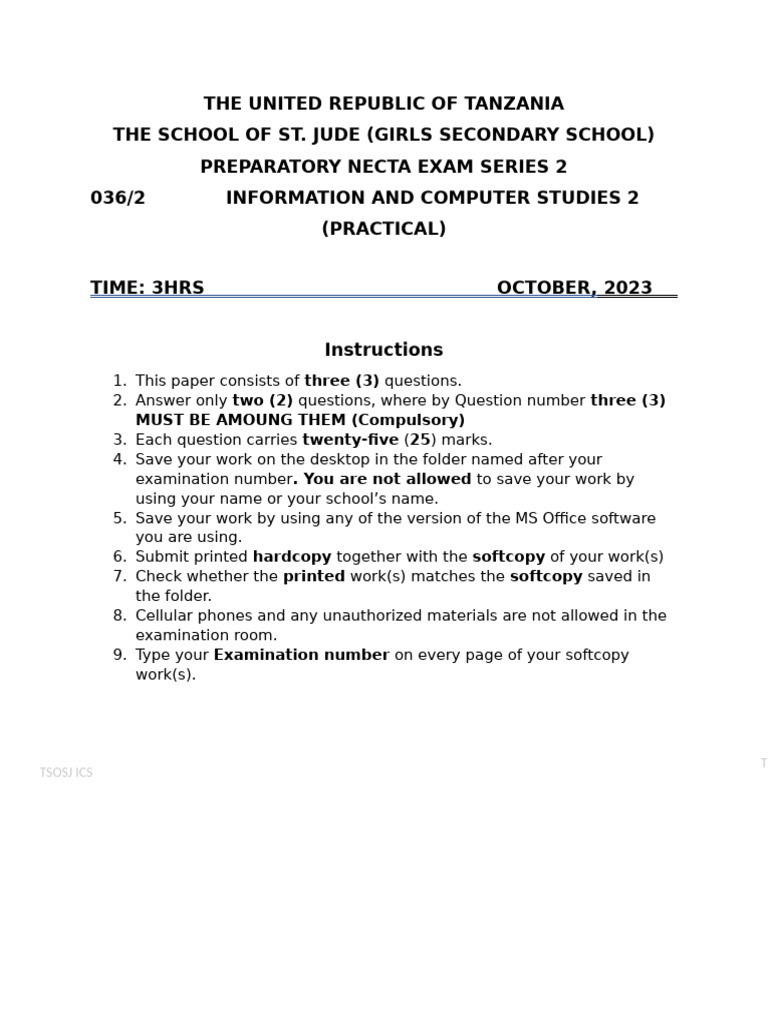 Ics Practical - Pre-Necta 2 (October 2023) | PDF | Spreadsheet | Software