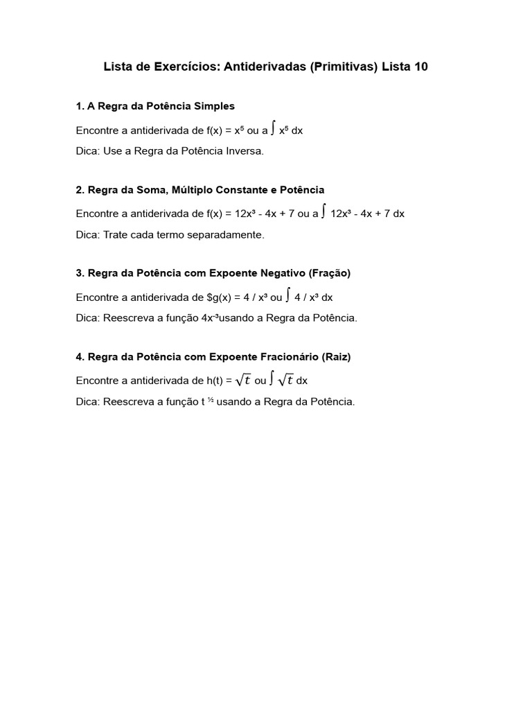 Lista de Exercícios Antiderivadas 10 | PDF