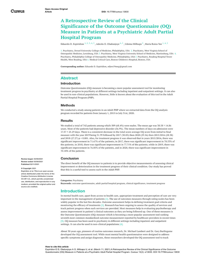 Outcome Questionnaire Adult Partial | PDF | Psychiatry | Mental Disorder