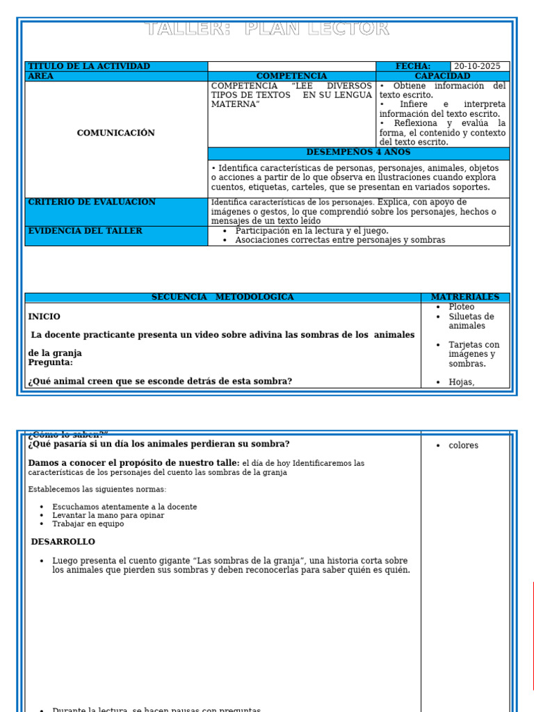taller plan lector los animales de la granja 1 | PDF | Cognición ...