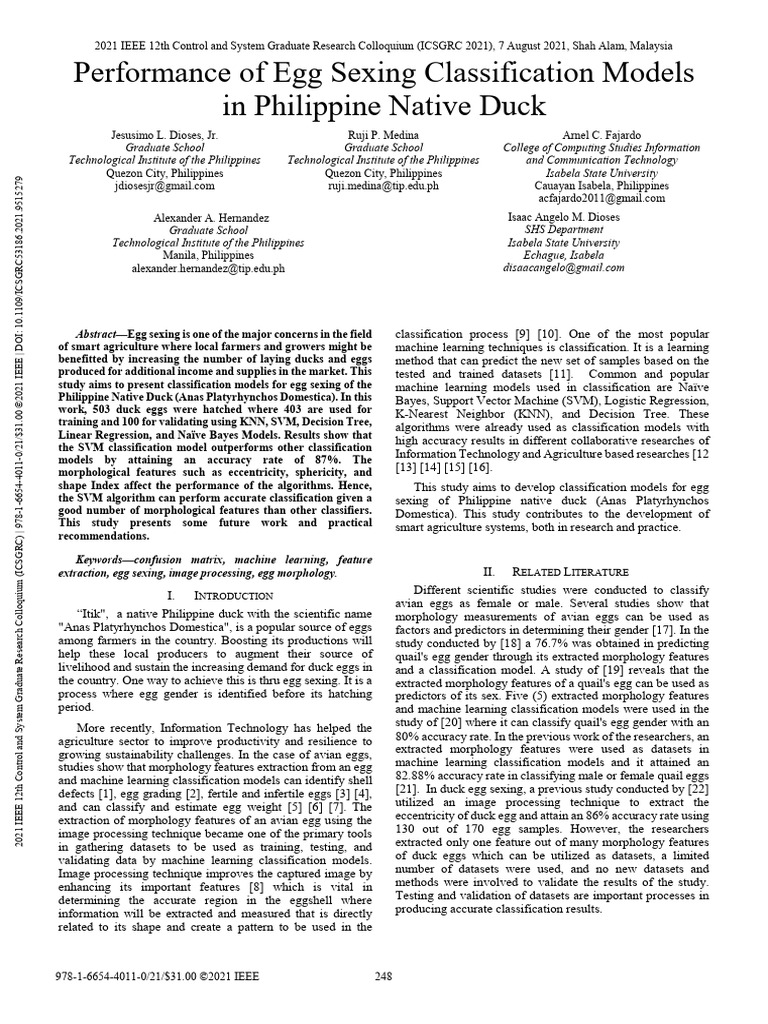 Performance of Egg Sexing Classification Models in Philippine Native Duck | PDF | Support Vector ...