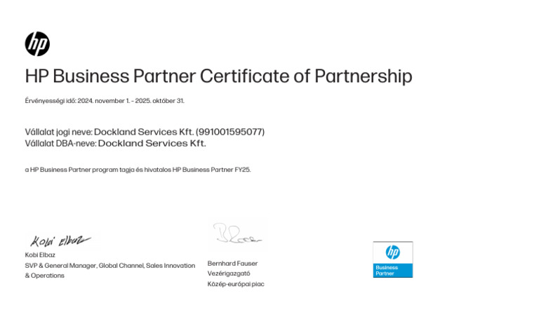 Approved PartnerHP Business Partner Certificate of Partnership | PDF