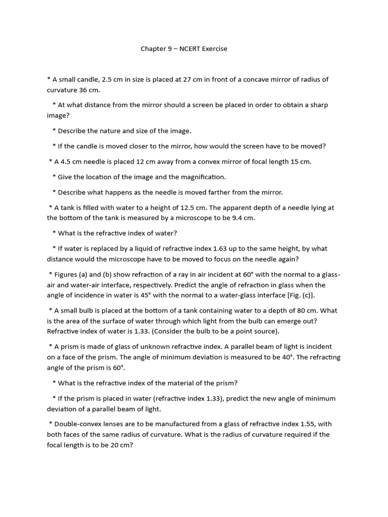 NCERT Physics Exercises on Mirrors and Lenses | PDF | Electromagnetic ...