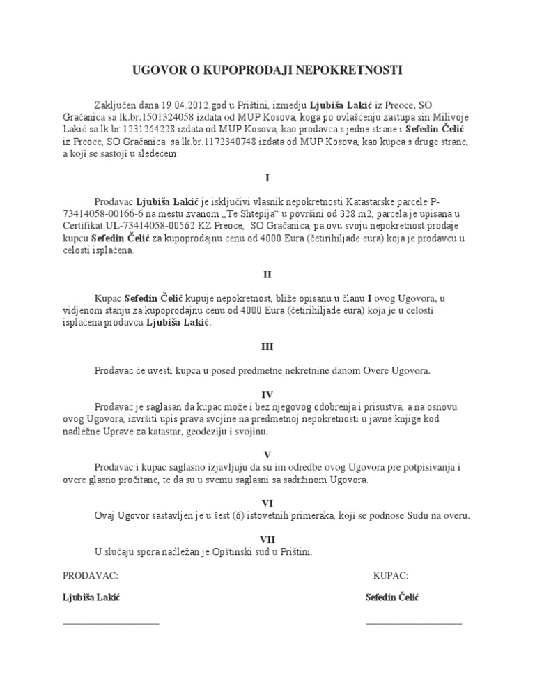 Ugovor o Kupoprodaji Nepokretnosti | PDF