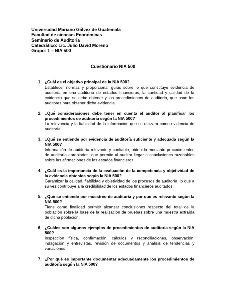 Cuestionario NIA 500 | PDF | Auditoría | Contralor